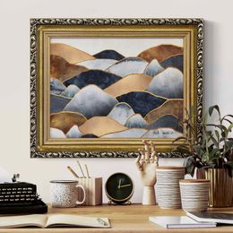 Bilderwelten Bild mit Barockrahmen Antik originell Abstrakt Aquarell gold - Goldene Berge Aquarell - edle Optik Wohnzimmer Schlafzimmer