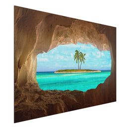 Bilderwelten Alu Dibond Outdoor Bild Strand beige Tropisch 3D-Effekt - Blick ins Paradies - Landschaft Wohnzimmer Schlafzimmer