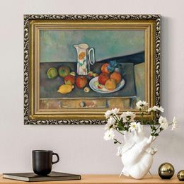 Bilderwelten Bild mit Barockrahmen Antik Kulinarisch modern Barock bunt - Paul C&eacute;zanne - Stillleben Milchkrug - Obst Wohnzimmer Schlafzimmer