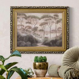 Bilderwelten Bild mit Barockrahmen Antik Wald Vintage Barock beige - Dschungelrand - B&auml;ume Wohnzimmer Schlafzimmer