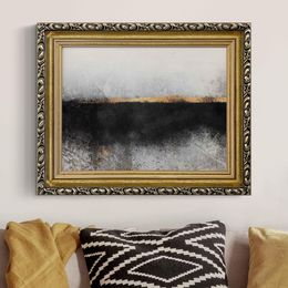 Bilderwelten Bild mit Barockrahmen Antik originell Abstrakt Aquarell schwarz weiss - Abstrakter Goldener Horizont Schwarz Wei&szlig; - edle Optik Wohnzimmer Schlafzimmer