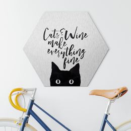 Bilderwelten Alu-Dibond Bild Hexagon Tiere weiss Illustration - Cats and Wine make everything fine - Katze Wohnzimmer Schlafzimmer