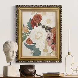 Bilderwelten Bild mit Barockrahmen Antik Blumen modern Aquarell rot - Zeichnung Blumenbouquet in Rot und Sepia - Rose Wohnzimmer Schlafzimmer