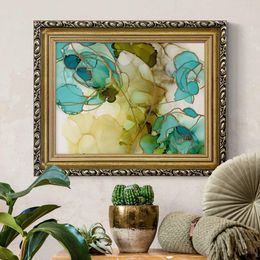Bilderwelten Bild mit Barockrahmen Antik originell Abstrakt Barock t&uuml;rkis - Blumenfacetten in Aquarell - edle Optik Wohnzimmer Schlafzimmer
