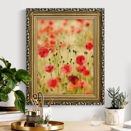Bilderwelten Bild mit Barockrahmen Antik Blumen Motiv Barock gr&uuml;n - Summer Poppies - Mohn Wohnzimmer Schlafzimmer