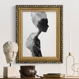 Bilderwelten Bild mit Barockrahmen Antik Portrait Illustration Aquarell schwarz weiss - Sie - edle Optik Jugendzimmer