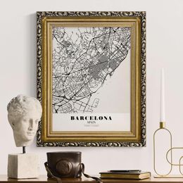 Bilderwelten Bild mit Barockrahmen Antik Weltkarte modern Barock schwarz weiss - Stadtplan Barcelona - Klassik - Skylines Jugendzimmer