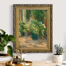 Bilderwelten Bild mit Barockrahmen Antik Blumen modern Barock gr&uuml;n - Max Liebermann - Blument&ouml;pfe vor dem Haus - edle Optik Wohnzimmer Schlafzimmer