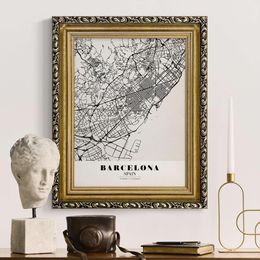 Bilderwelten Bild mit Barockrahmen Antik Weltkarte modern Barock schwarz weiss - Stadtplan Barcelona - Klassik - Skylines Jugendzimmer