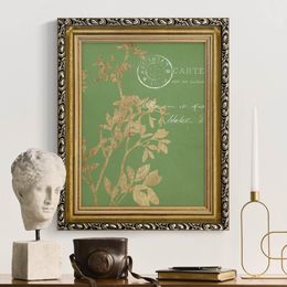 Bilderwelten Bild mit Barockrahmen Antik Vintage Barock gr&uuml;n - Goldene Bl&auml;tter auf Lind I - Pflanzen Wohnzimmer Schlafzimmer