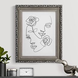Bilderwelten Bild mit Barockrahmen Antik Blumen Abstrakt Barock schwarz weiss - Line Art Gesichter Frauen Rosen Schwarz Wei&szlig; - Rose Wohnzimmer Schlafzimmer