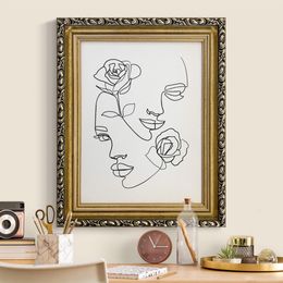 Gerahmtes Leinwandbild Line Art Gesichter Frauen Rosen Schwarz Wei&szlig;