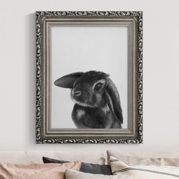 Bilderwelten Leinwandbild mit Barockrahmen Illustration Hase Schwarz Wei&szlig; Zeichnung