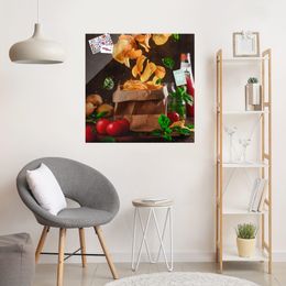 Bilderwelten Glasbild Kulinarisch modern braun Glas Wandbild - Tomate-Basilikum-Snack - Deko K&uuml;che