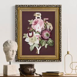 Bilderwelten Bild mit Barockrahmen Antik Blumen modern Barock pink - Florale Typografie - Beauty - Rose Jugendzimmer
