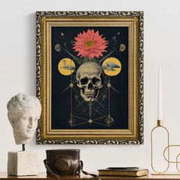 Bilderwelten Leinwandbild mit Barockrahmen Alchemie Totenkopf mit Blume