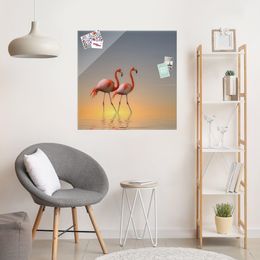 Bilderwelten Glasbild Tiere Motiv orange Glas Wandbild - Flamingo Love - Landschaft Wohnzimmer Schlafzimmer