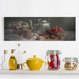 Bilderwelten Leinwandbild - Panorama Stillleben mit Erdbeeren