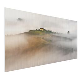 Bilderwelten Alu Dibond Outdoor Bild Natur grau Motiv wetterfest - Morgennebel in der Toskana - Italien Wohnzimmer Schlafzimmer