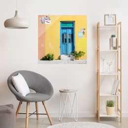Bilderwelten Glasbild Stadt modern gelb Glas Wandbild - Bunte Wand blaue T&uuml;r - Skylines Wohnzimmer Schlafzimmer