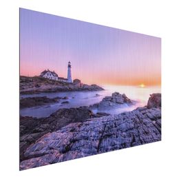 Bilderwelten Alu Dibond Outdoor Bild Strand violett Motiv wetterfest - Leuchtturm am Morgen - Leuchtturm Wohnzimmer Schlafzimmer