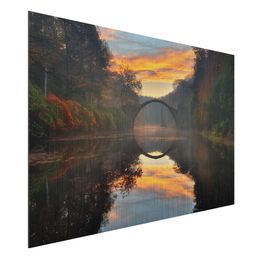 Bilderwelten Alu Dibond Outdoor Bild Wald braun Motiv wetterfest - M&auml;rchenbr&uuml;cke - B&auml;ume Wohnzimmer Schlafzimmer