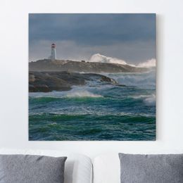 Bilderwelten Leinwandbild Strand Motiv Kunstdruck blau - Im Schutz des Leuchtturms - Leuchtturm XXL Wohnzimmer Schlafzimmer