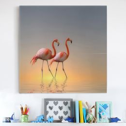 Bilderwelten Leinwandbild Tiere Motiv Kunstdruck orange - Flamingo Love - V&ouml;gel XXL Wohnzimmer Schlafzimmer