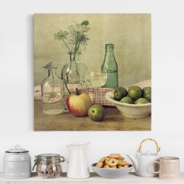 Bilderwelten Leinwandbild Blumen Vintage Kunstdruck gr&uuml;n - Stillleben mit Flaschen - Obst XXL K&uuml;che