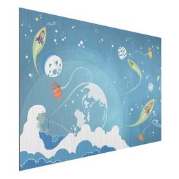 Bilderwelten Alu Dibond Outdoor Bild Himmel blau modern wetterfest - Buntes Weltraumtreiben - Himmel Kinderzimmer Baby M&auml;dchen Jungen