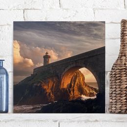 Bilderwelten Leinwandbild Strand Motiv Kunstdruck orange - Leuchtturm an der Br&uuml;cke - Himmel XXL Wohnzimmer Schlafzimmer