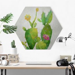 Bilderwelten Alu-Dibond Bild Hexagon Blumen gr&uuml;n Tropisch Aquarell - Kaktusfamilie rosa gelb - Pflanzen Wohnzimmer Schlafzimmer