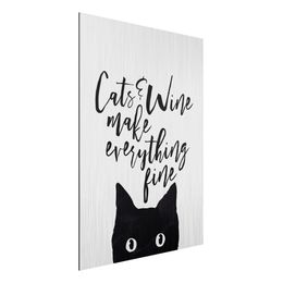 Bilderwelten Alu Dibond Outdoor Bild Tiere weiss Illustration wetterfest - Cats and Wine make everything fine - Spr&uuml;che Wohnzimmer Schlafzimmer