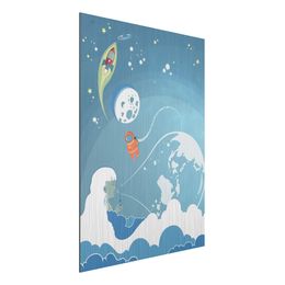 Bilderwelten Alu Dibond Outdoor Bild Himmel blau modern wetterfest - Buntes Weltraumtreiben - Himmel Kinderzimmer Baby M&auml;dchen Jungen