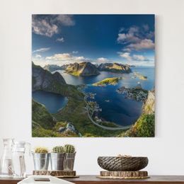 Bilderwelten Leinwandbild Strand Motiv Kunstdruck blau - Fjordblick in Reinebringen - Berg XXL Wohnzimmer Schlafzimmer