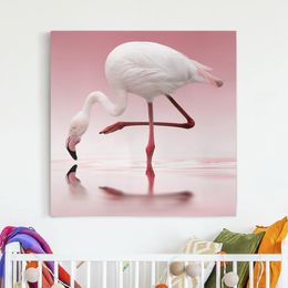 Bilderwelten Leinwandbild Tiere Motiv Kunstdruck rosa - Flamingo Dance - V&ouml;gel XXL Wohnzimmer Schlafzimmer