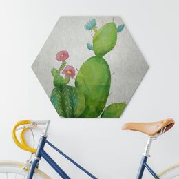 Bilderwelten Alu-Dibond Bild Hexagon Blumen gr&uuml;n Tropisch Aquarell - Kaktusfamilie rosa t&uuml;rkis - Pflanzen Wohnzimmer Schlafzimmer