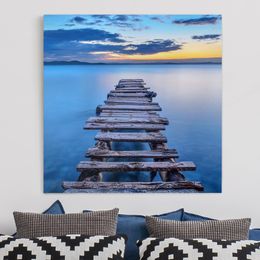 Bilderwelten Leinwandbild Natur Motiv 3D-Effekt blau - Steg ins ruhige Meer - Landschaft XXL Wohnzimmer Schlafzimmer