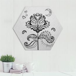 Bilderwelten Alu-Dibond Bild Hexagon Blumen weiss Unifarben - Lotus mit Mond und Herzen - Deko Wohnzimmer Schlafzimmer