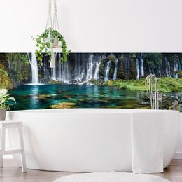 Bilderwelten Wandverkleidung Bad Motiv petrol Wald fugenlose Badr&uuml;ckwand Asia - Shiraito Wasserfall - wasserfest Wandpaneel statt Fliesen