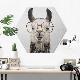 Bilderwelten Alu-Dibond Bild Hexagon Tiere weiss Illustration - Hippes Lama mit Brille IV - Deko Wohnzimmer Schlafzimmer