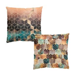 Bilderwelten Dekokissen 2er Set braun modern - T&uuml;rkise Geometrie goldenes Art Deco Set - Geometrisch Kinderzimmer M&auml;dchen Jungen in 40x40 50x50 60x60