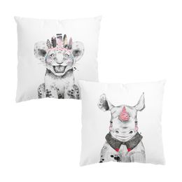 Bilderwelten Dekokissen 2er Set schwarz weiss Tiere Illustration Aquarell - Tier Party Nashorn Tiger Duo - Bett Couch Kinderzimmer Baby M&auml;dchen Jungen