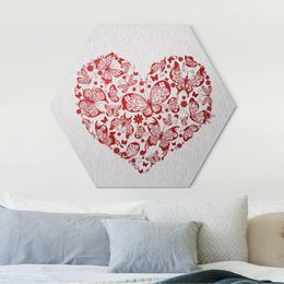 Bilderwelten Alu-Dibond Bild Hexagon Tiere weiss Unifarben - Herz aus Schmetterlingen - Herz Wohnzimmer Schlafzimmer