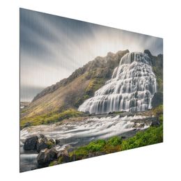 Bilderwelten Alu Dibond Outdoor Bild Natur gr&uuml;n Motiv wetterfest - Dynjandi Wasserfall - Berg Wohnzimmer Schlafzimmer