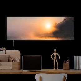Bilderwelten LED-Wechselbild Sonnenaufgang am See mit Rehen im Nebel