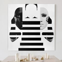 Bilderwelten Leinwandbild originell modern Kunstdruck Leinwanddruck - Masken in Schwarz-Wei&szlig; - Wandbild XXL Wohnzimmer Schlafzimmer