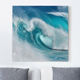 Bilderwelten Leinwandbild Strand Motiv Kunstdruck blau - Tosende Wellen - Landschaft XXL Wohnzimmer Schlafzimmer