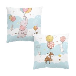 Bilderwelten Dekokissen 2er Set blau Tiere Illustration Aquarell - Luftballon Wolken Elefant Reh - Bett Couch Sofakissen Bezug & F&uuml;llung in 40x40 50x50 60x60