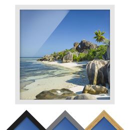 Bilderwelten Bild mit Rahmen Strand blau Tropisch inkl. Rahmung - Traumstrand Seychellen - Karibik Wohnzimmer Schlafzimmer